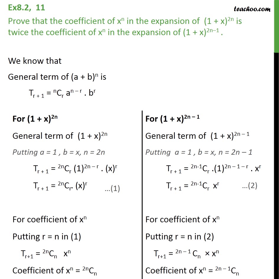 Ex 8.2, 11 - Prove that coefficient of xn in (1 + x)2n - Coefficient Ex 8.2, 11 - Prove that coefficient of xn in (1 + x)2n - Coefficient