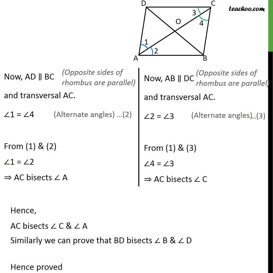 Ex 8.1, 4 - ABCD is a rhombus. Show that diagonal AC bisects Ex 8.1, 4 - ABCD is a rhombus. Show that diagonal AC bisects