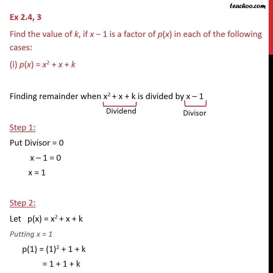 Ex 2 3 3 Find Value Of K If X 1 Is A Factor Of P X X2 X